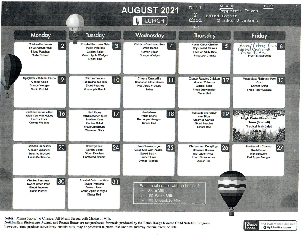 August School Lunch Menu Templates